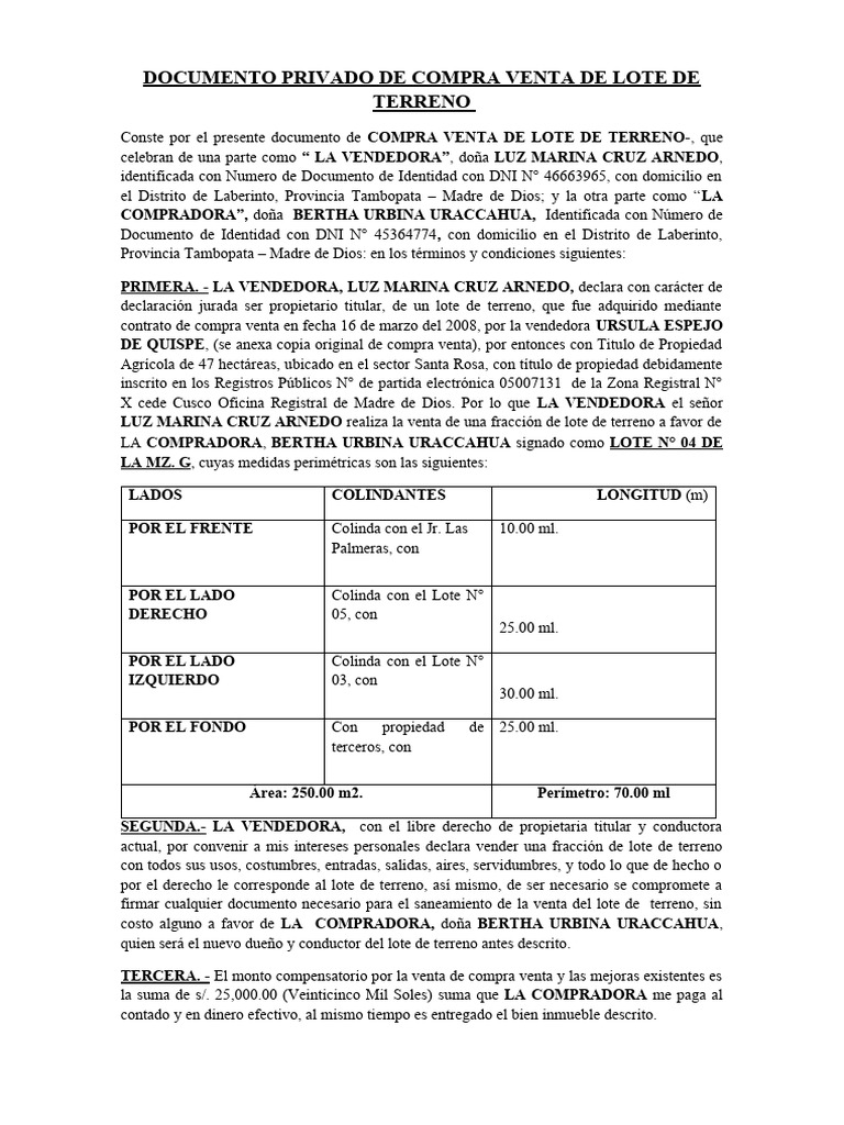 Documento Privado de Compra Venta de Lote de Terreno | Descargar gratis PDF | Justicia | Crimen ...