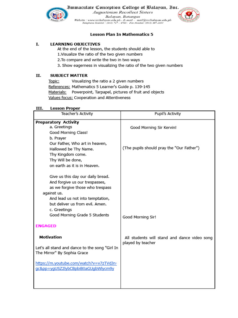 Lesson Plan in Math 5 | PDF | Lord's Prayer | Ratio