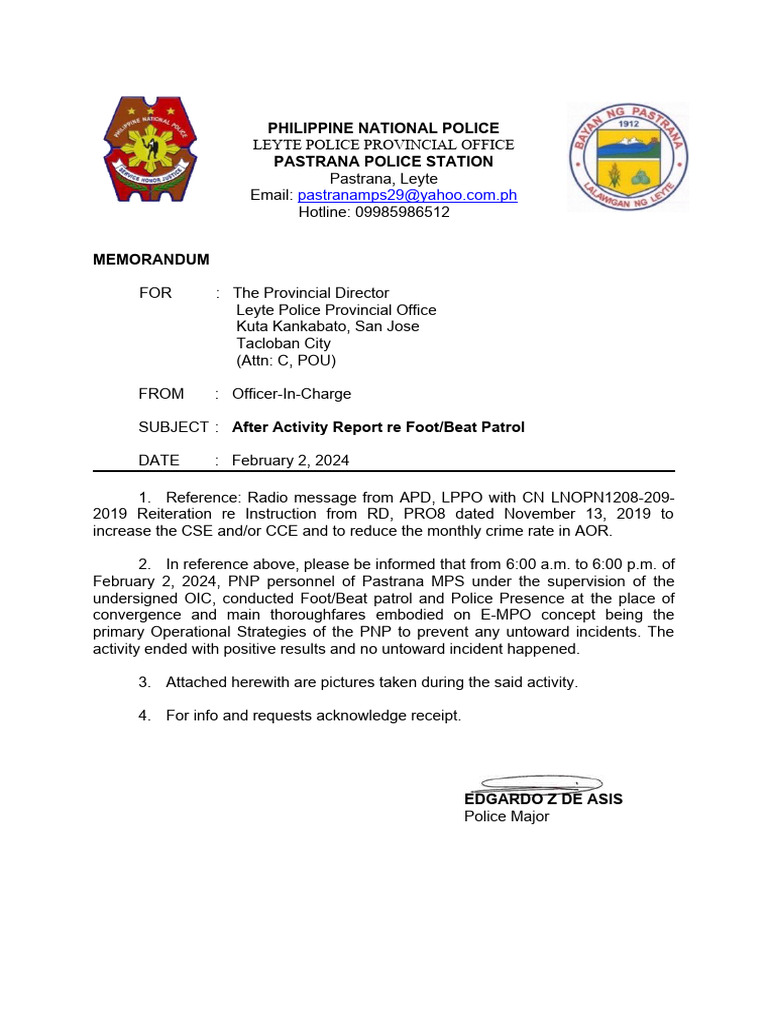 After Activity Report Re Foot - Beat Patrol February 2, 2024 | PDF