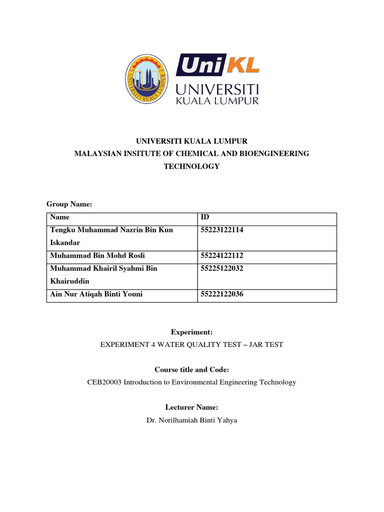 Experiment 4 Jar Test G7 Pdf Environmental Engineering Materials