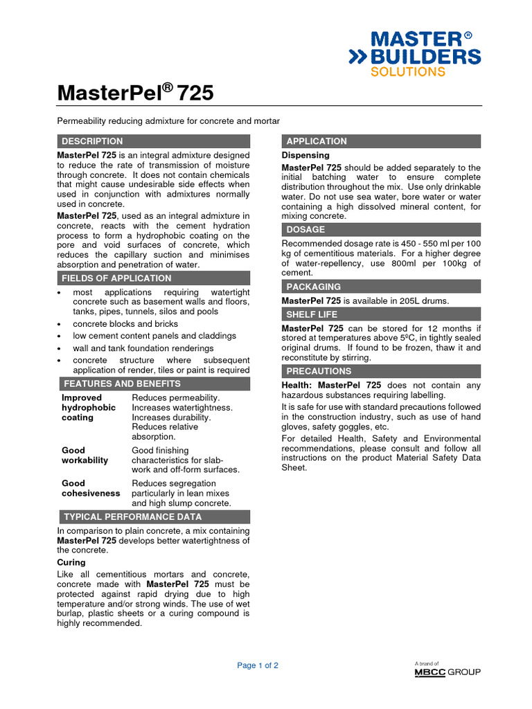 Masterpel 725 Tds | PDF | Concrete | Cement