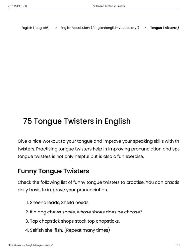75 Tongue Twisters in English | PDF | Part Of Speech | Noun