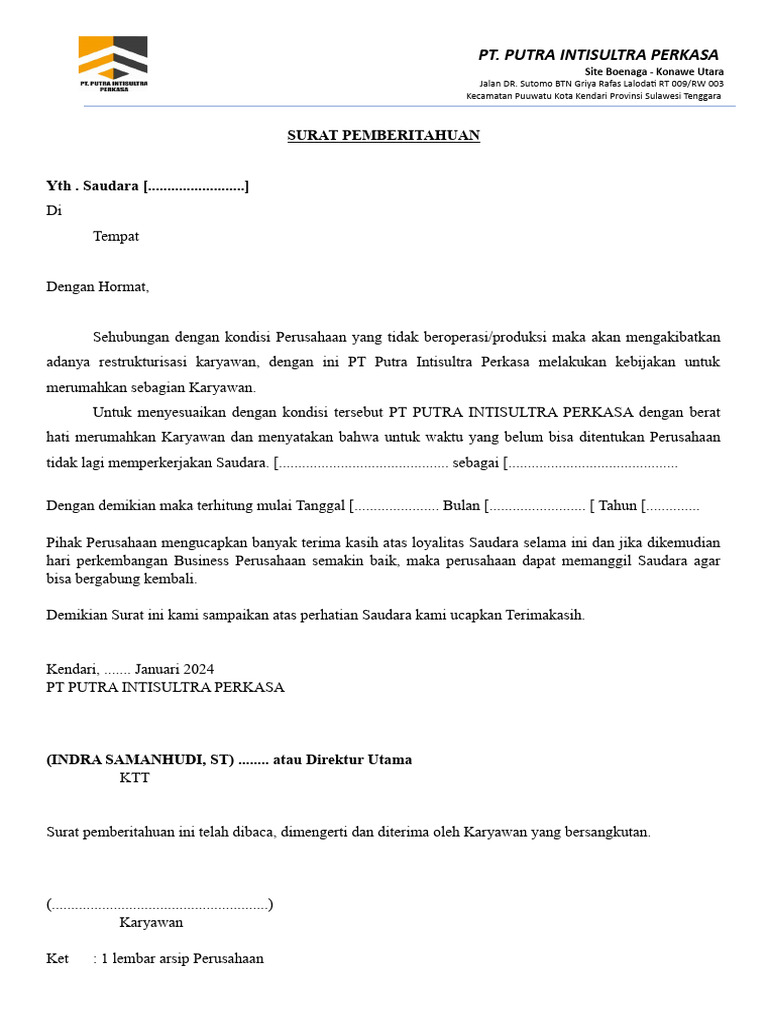 Surat Pemberitahuan Karyawan | PDF