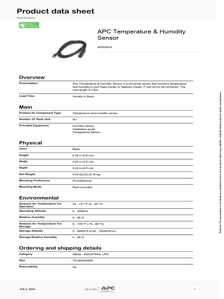 APC NetBotz-Sensors AP9335TH | PDF