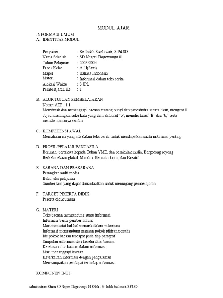 Modul Ajar B.ind Kelas 1 Berdiri Bolak Balik | PDF