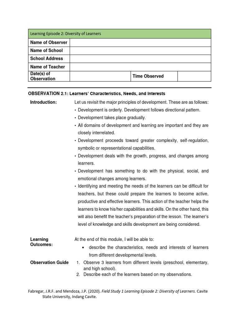 Diversity of Learners: Observation Guide | PDF