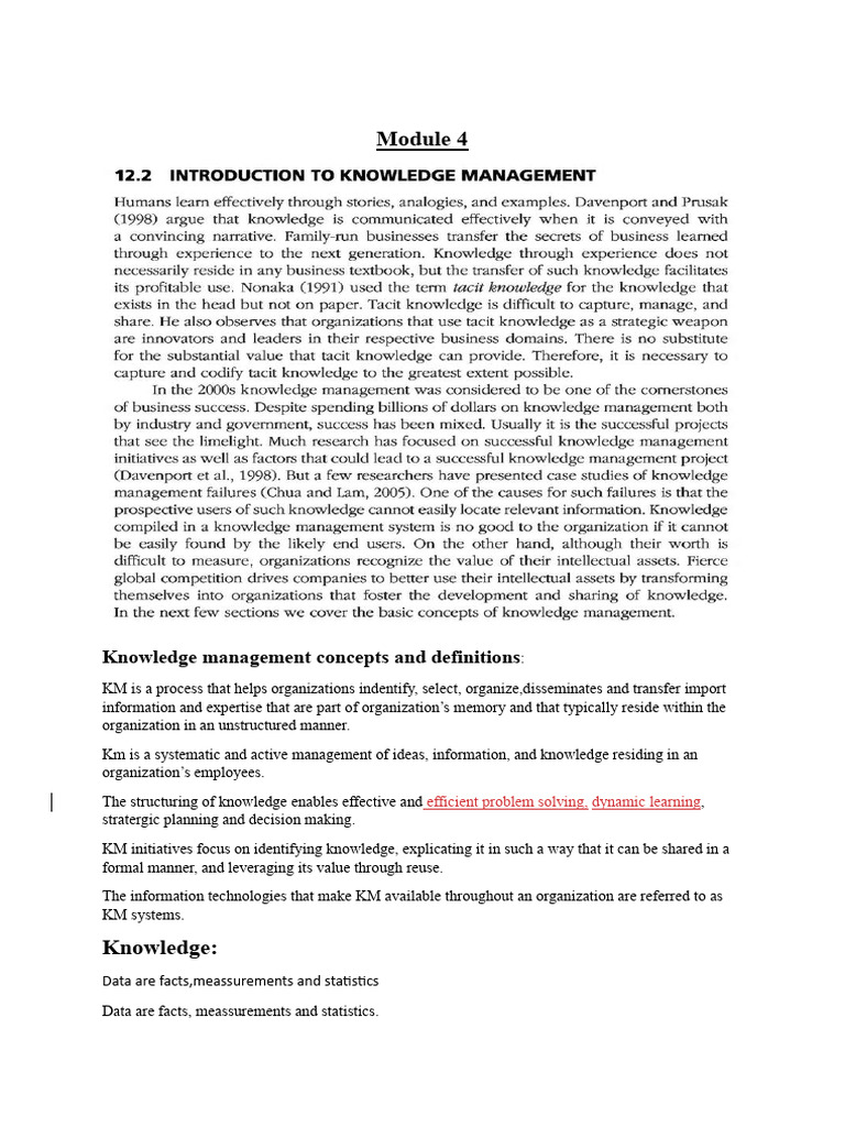 Knowledge Management Concepts and Definitions: Efficient Problem Solving, Dynamic Learning | PDF