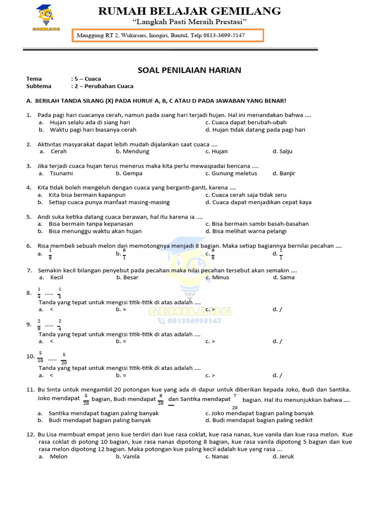Soal Tematik Kelas 3 SD Tema 5 Cuaca Subtema 2 Perubahan Cuaca Dan Kunci Jawaban | PDF