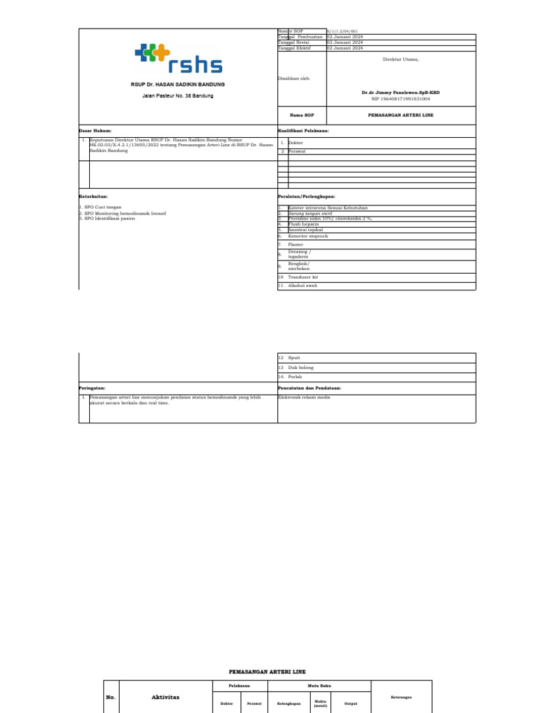 SPO PEMASANGAN ARTERI LINE Rev | PDF