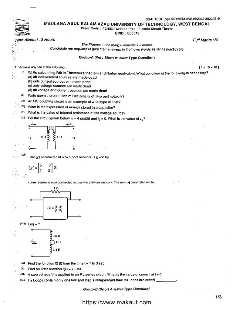 Btech PC Ee Eee 3 Sem Electric Circuit PC Ee301 2023 | PDF