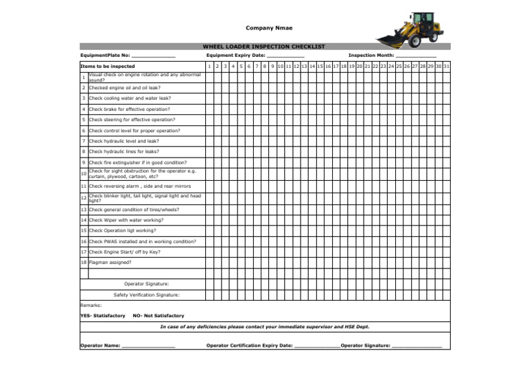 Wheel Loader Daily Checklist | PDF