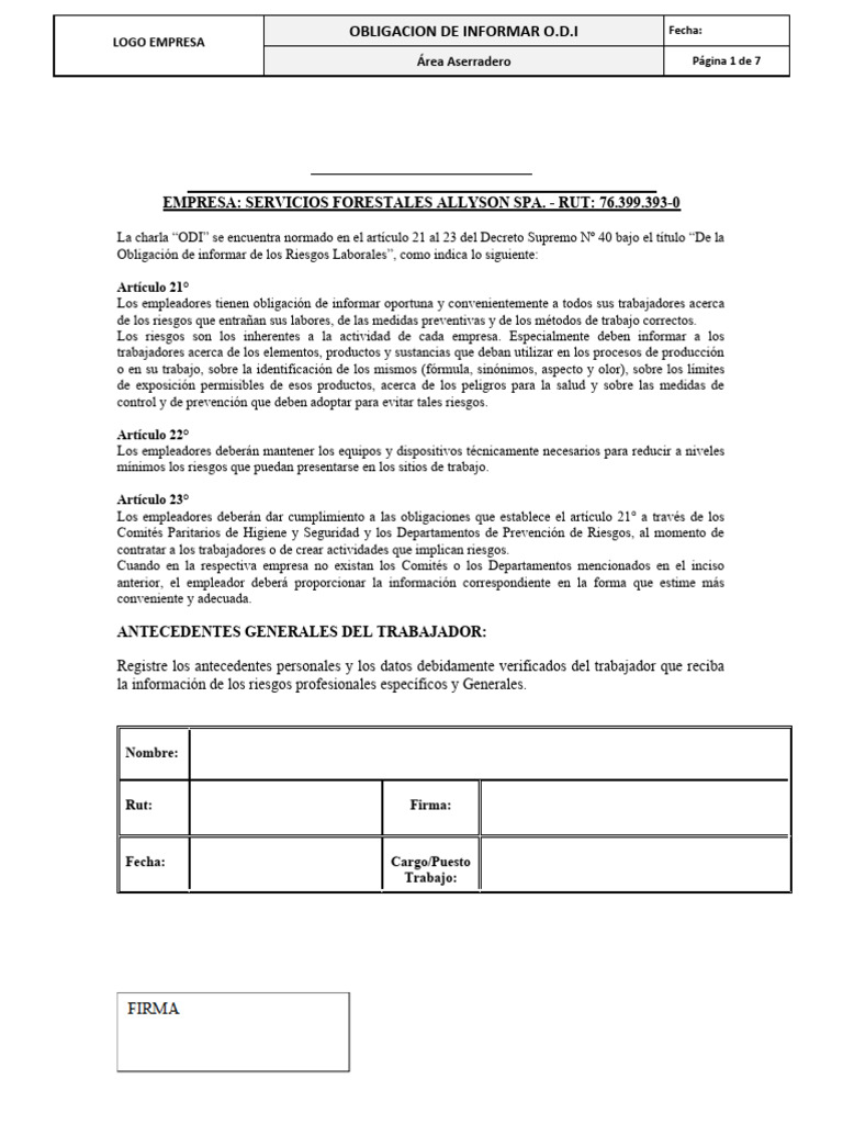 ODI OBLIGACION DE INFORMAR ASERRADERO | PDF | Business ODI OBLIGACION DE INFORMAR ASERRADERO | PDF | Business