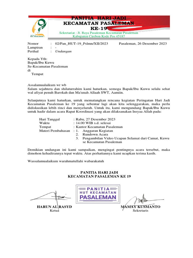 Surat Undangan Rapat Panitia Hari Jadi Kec Pasaleman | PDF