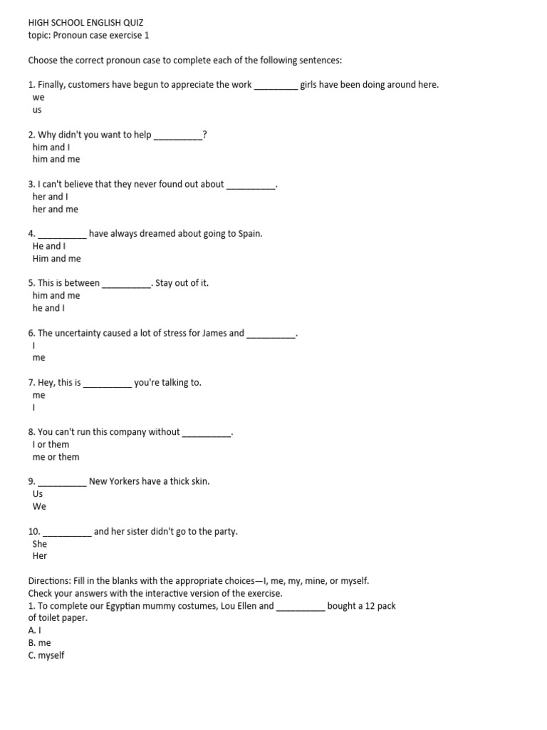 High School English Quiz | PDF | Subject (Grammar) | Verb