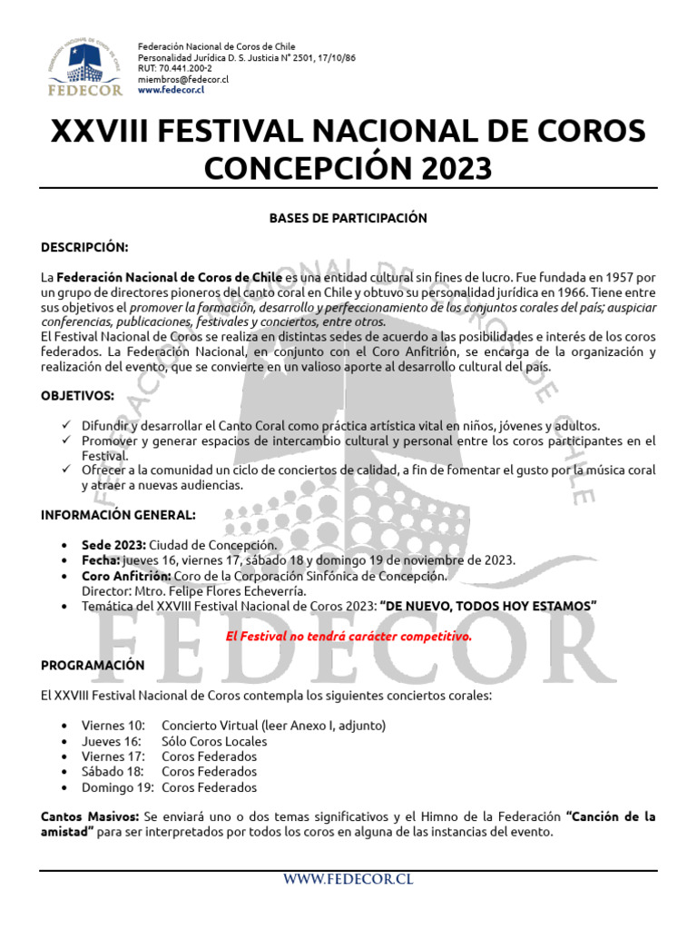 Bases XXVIII Festival Nacional de Coros FEDECOR 2023 | PDF | Coro