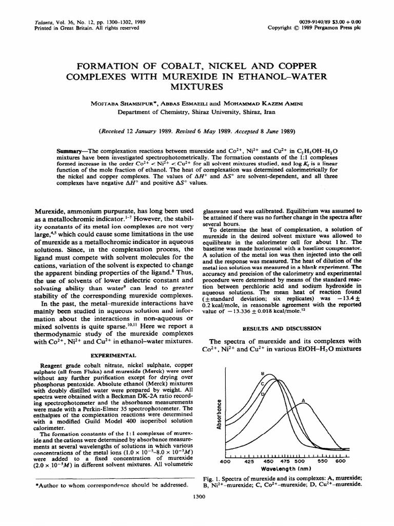 Formation of Cobalt, Nickel and Copper Complexes With Murexide in ...