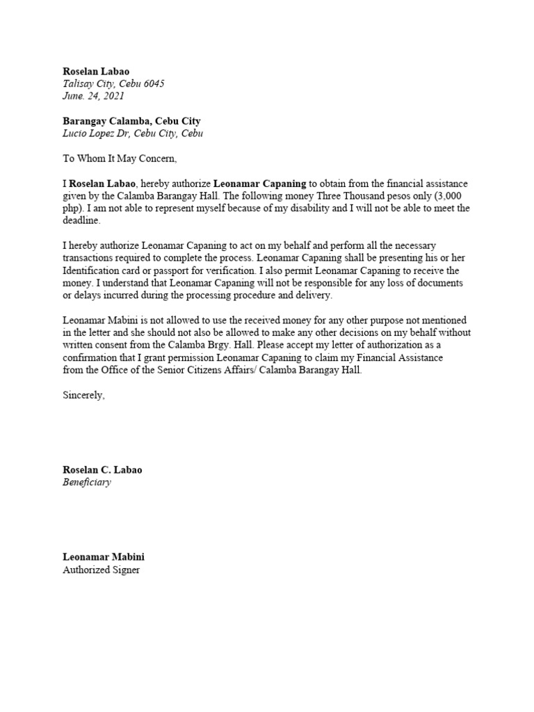 Authorization Letters for Senior Assistance | PDF | Identity Document ...
