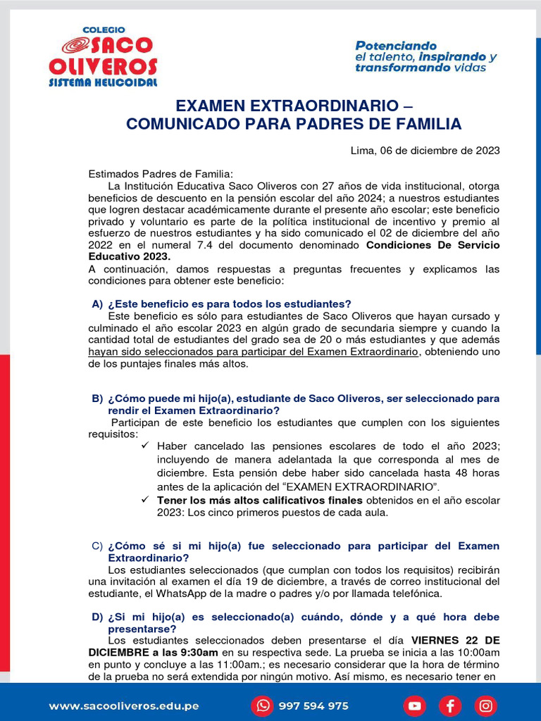 Comunicado para PPFF - Examen Extraordinario | PDF