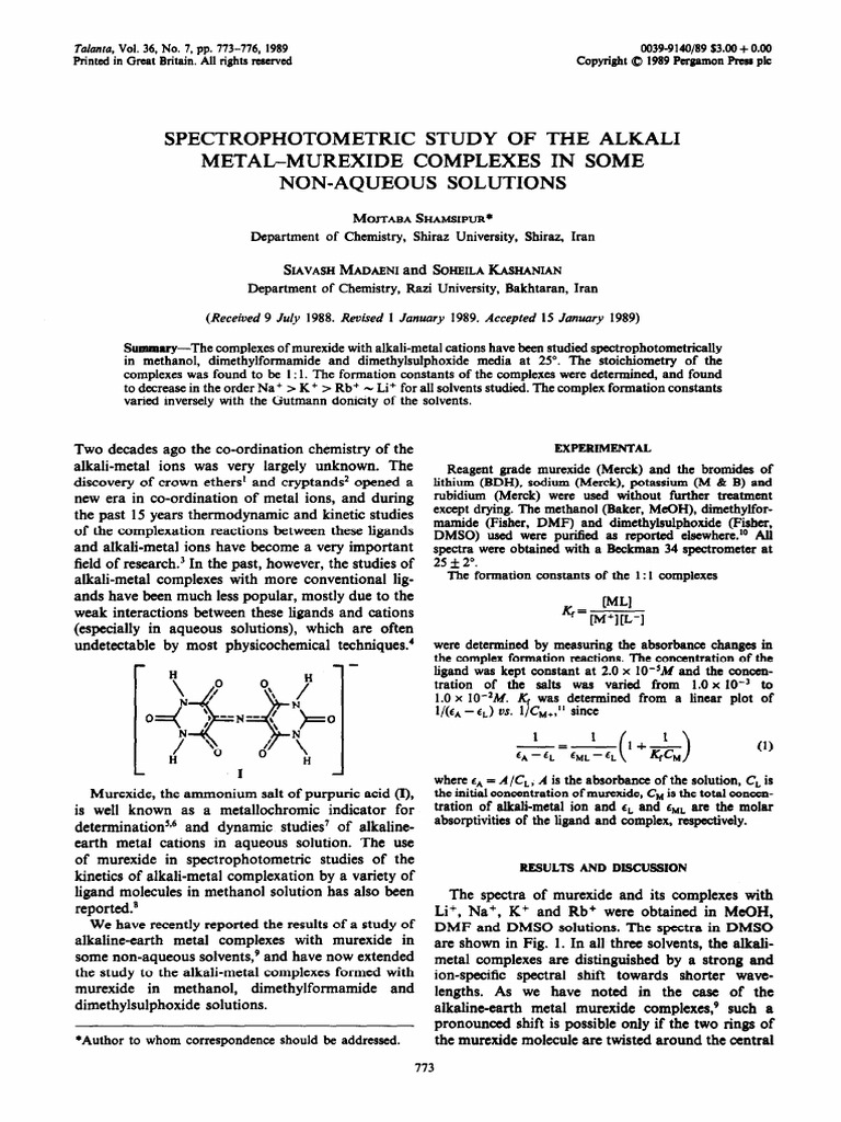Spectrophotometric Study of The Alkali Metal-Murexide Complexes in Some ...