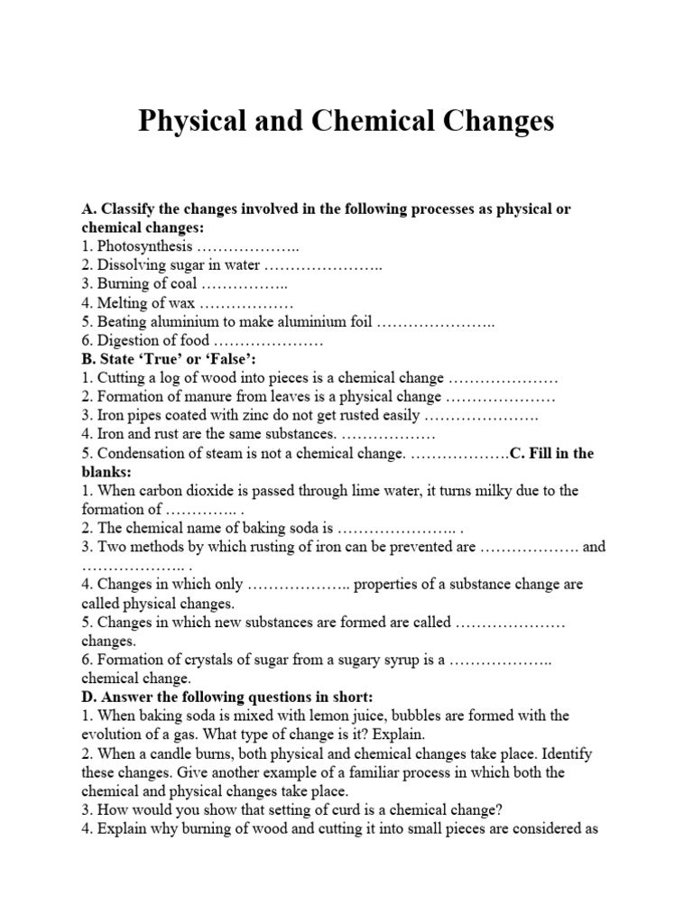 Classifying Physical and Chemical Changes | PDF | Water | Chemical ...