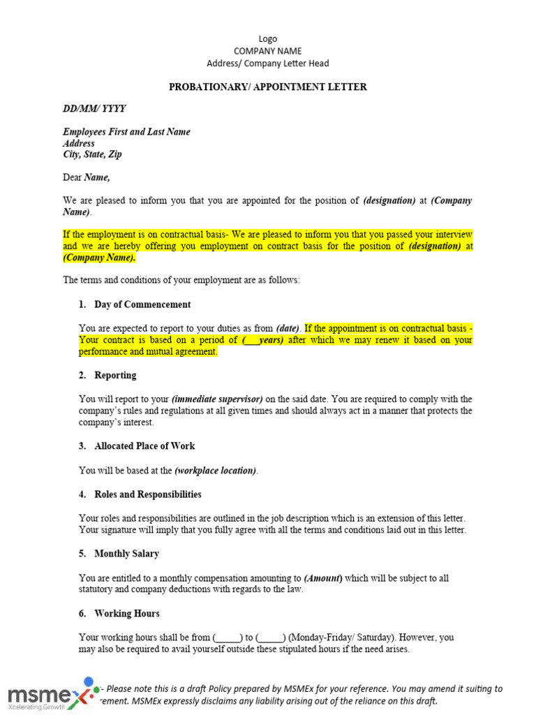 Appointment Letter Format-2 | PDF | Employment | Contractual Term