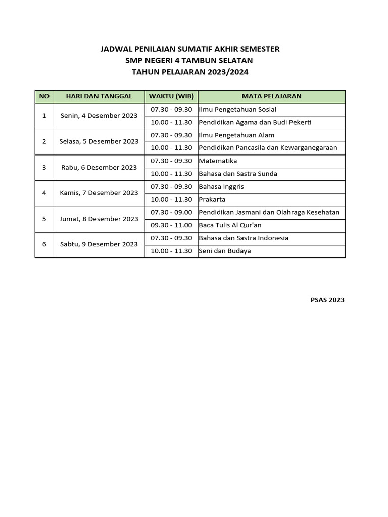 Jadwal Psas | PDF