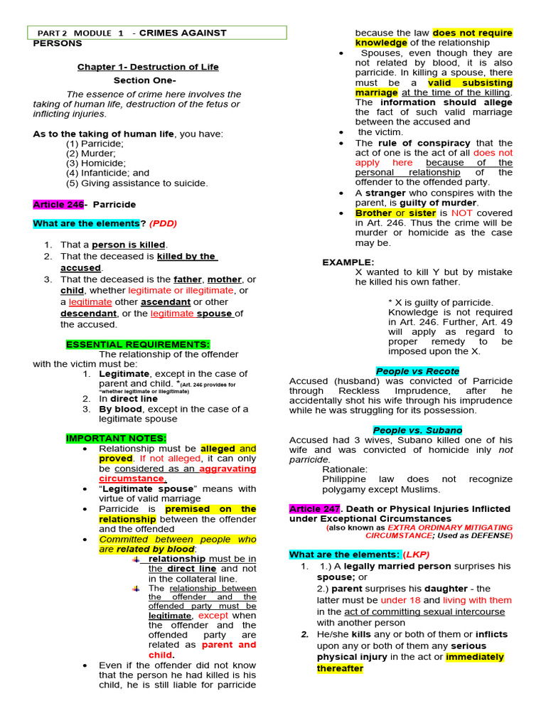 Part 2 MODULE 1 Crimes Against Person | PDF | Murder | Rape