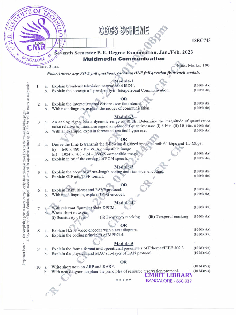 VTU Question Paper of 18EC743 Multimedia Communication Jan-Feb-2023 | PDF