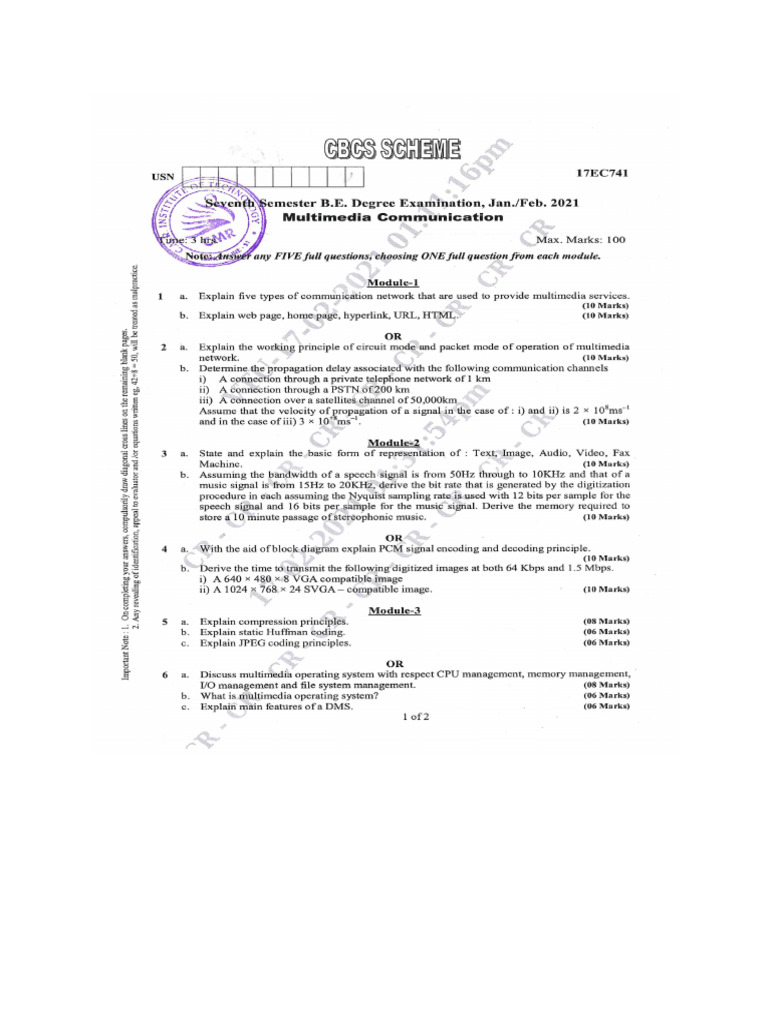 VTU Exam Question Paper With Solution of 17EC741 Multimedia ...