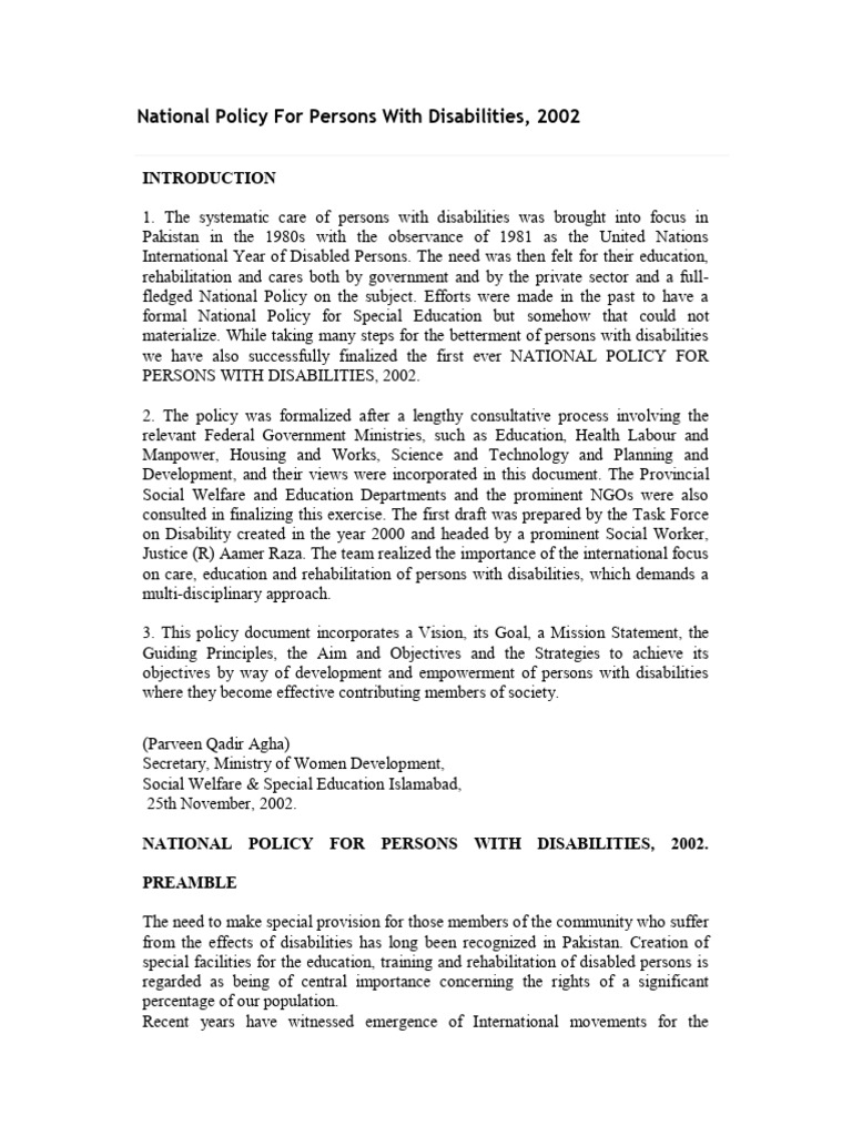 National Policy For Persons With Disability | PDF | Special Education ...