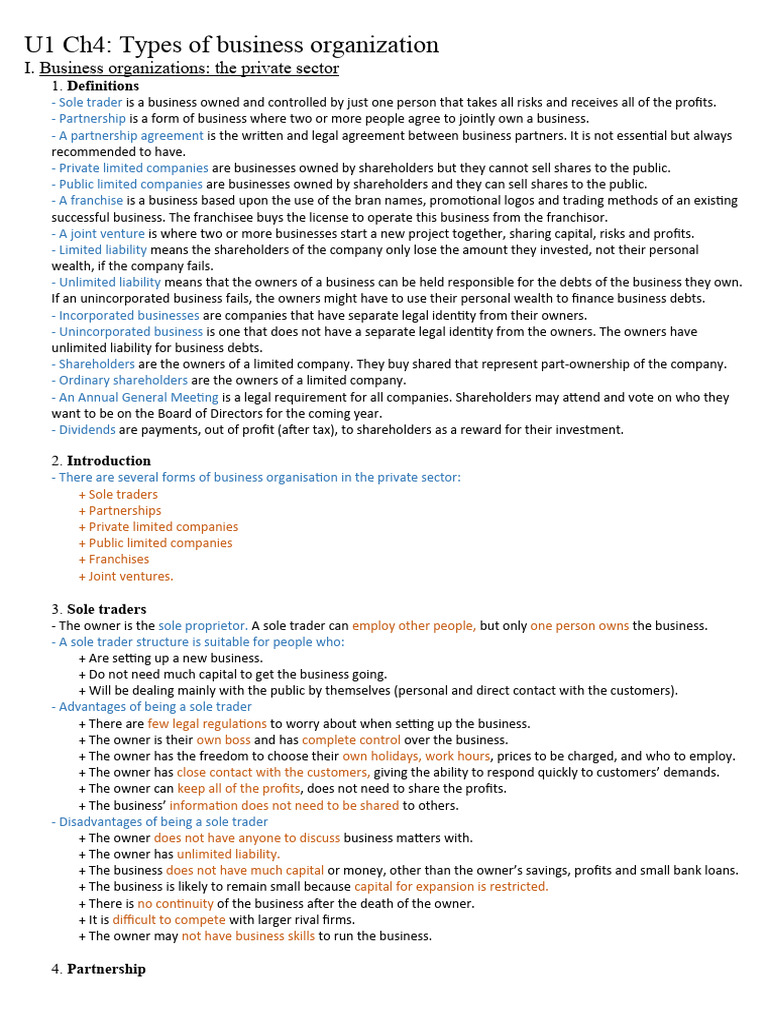 U1 Ch4 Types of Business Organization | PDF