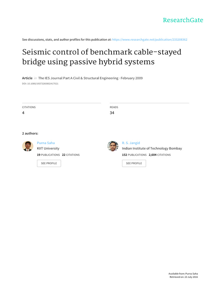 Seismic Control of Benchmark Cable Stayed Bridge Using Passive Hybrid Systems | PDF | Earthquake ...