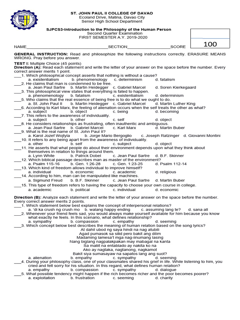 Second Quarter Exam Philo | PDF | Existentialism