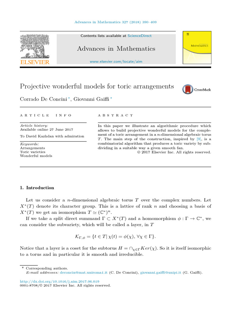 Projective Wonderful Models For Toric Arrangemen 2018 Advances in ...