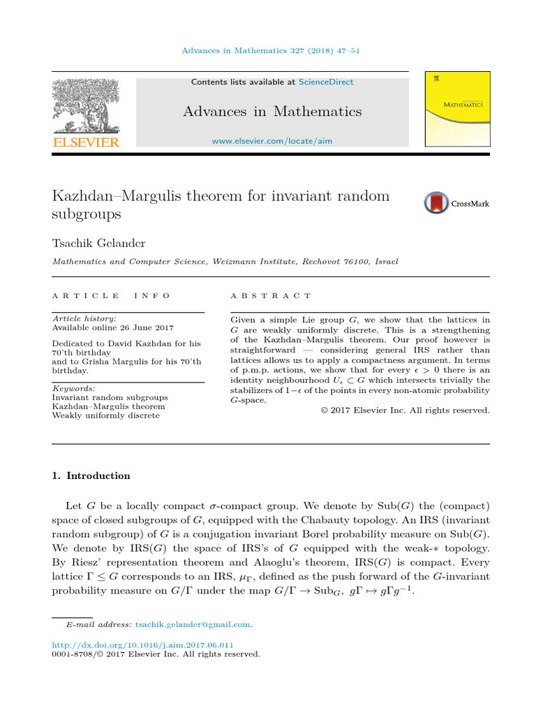 Kazhdan Margulis Theorem For Invariant Random Subg 2018 Advances in Mathemat | PDF | Compact ...
