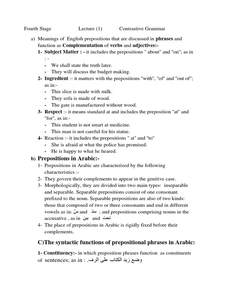 Forth Stage Contrastive Grammar Lecture 1 | PDF | Preposition And ...