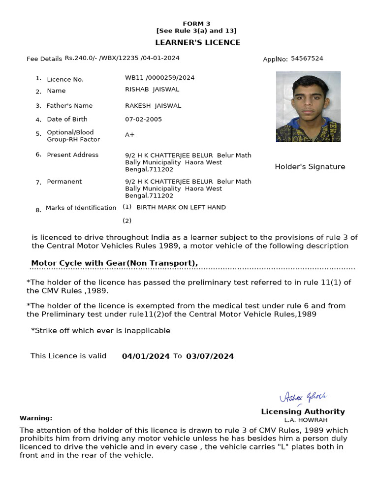 Learner's Licence Details | PDF | Vehicles | Transport