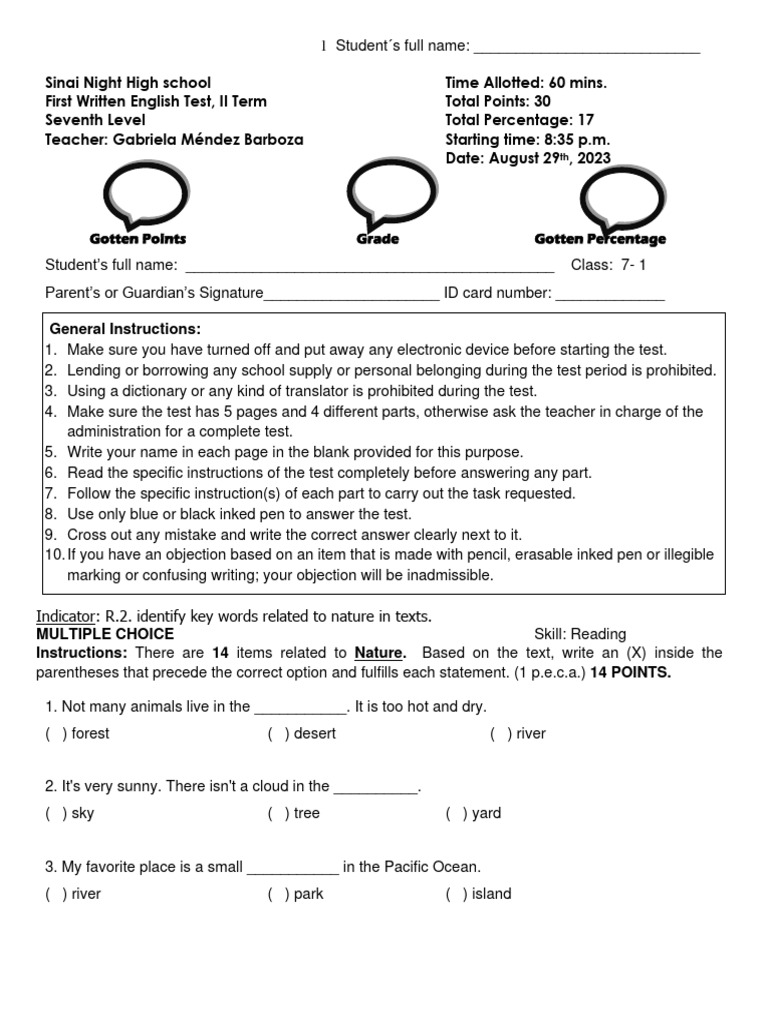 1test II Term 2023 7th Grade Unit 3 Evaluación | PDF