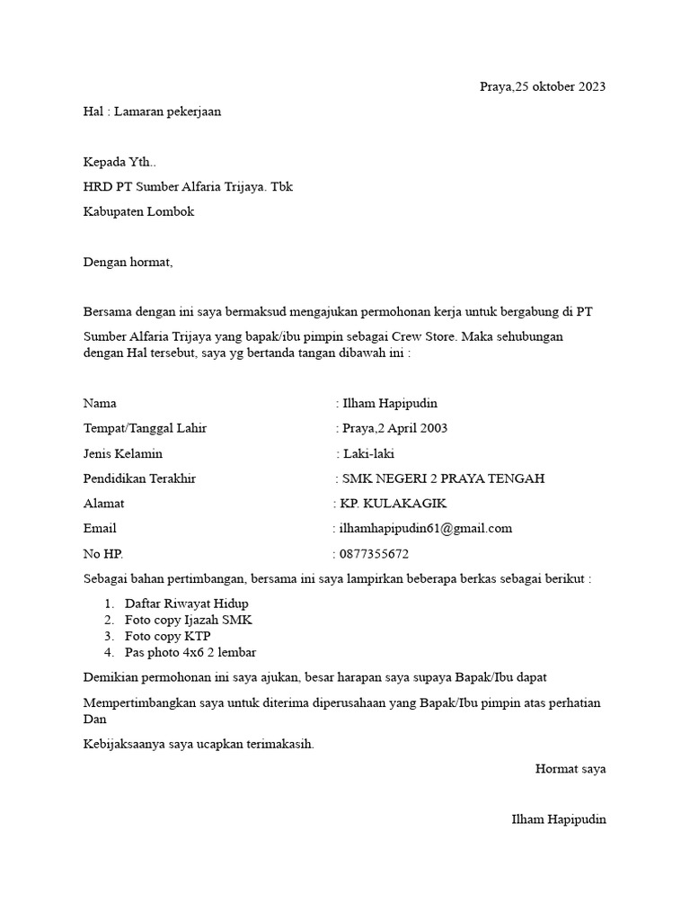 Surat Lamaran Kerja ILHAM | PDF