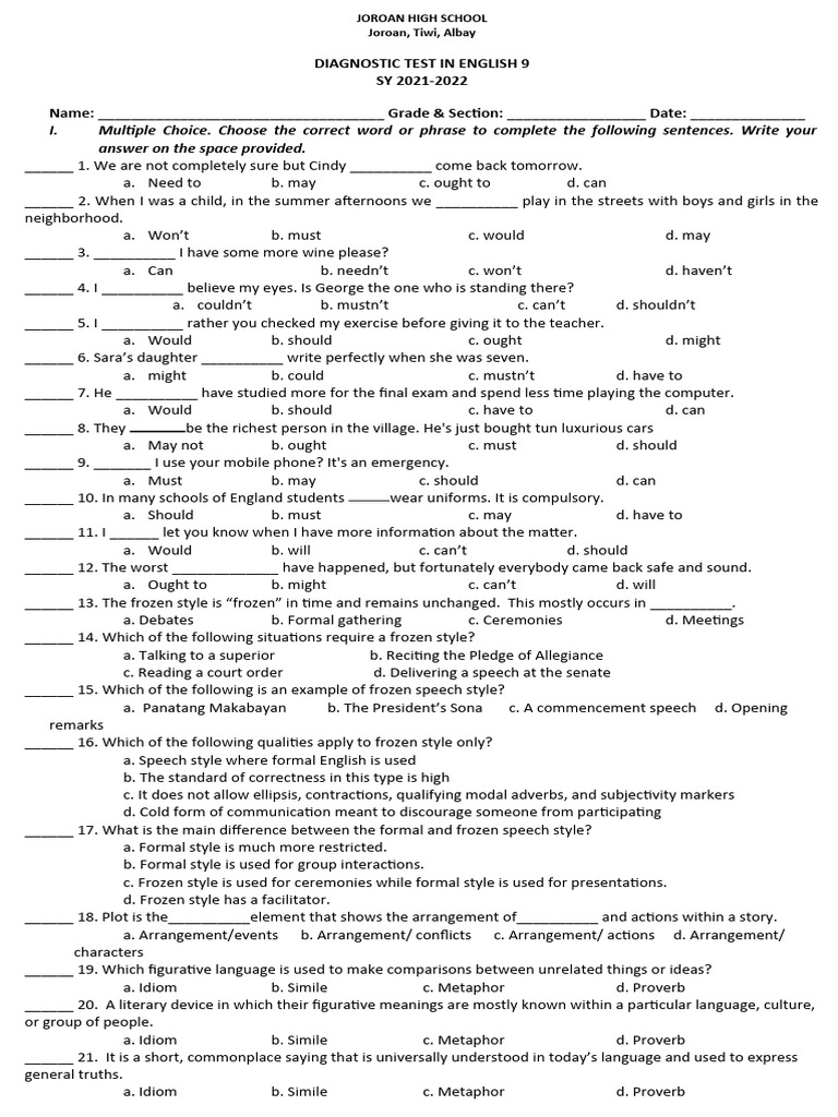Diagnostic Test English 9 | PDF