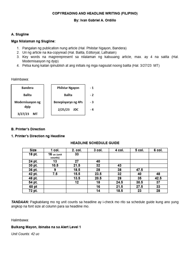 Slugline Printers Direction Filipino | PDF