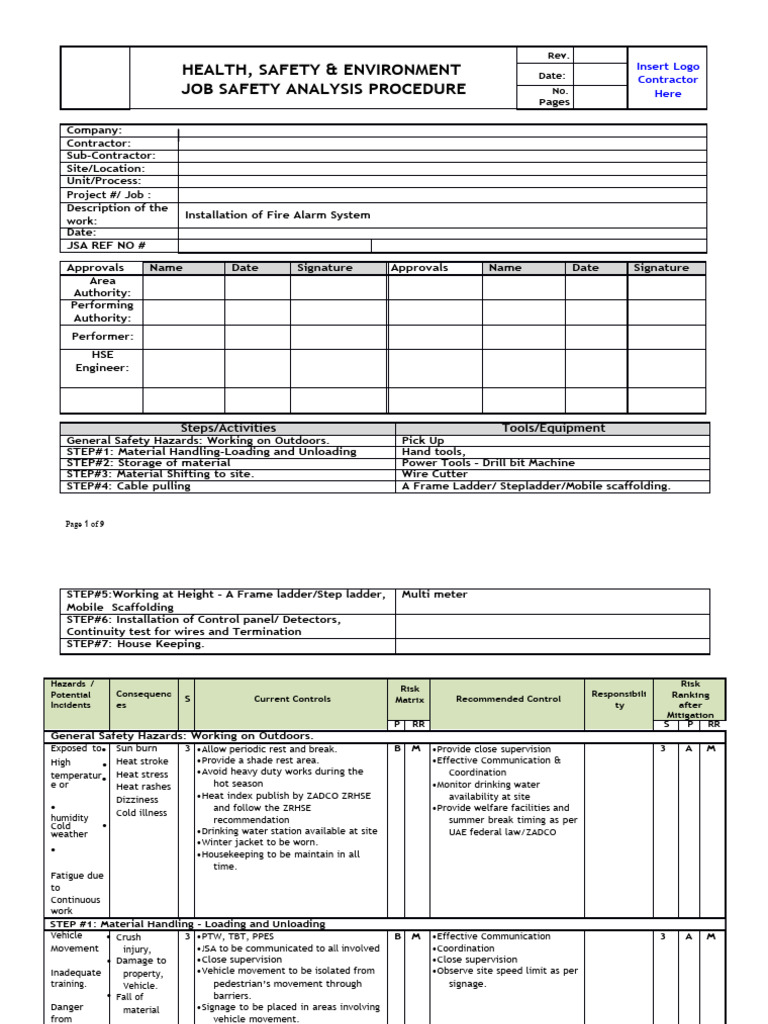 JSA Installation-Fire-Alarm-System | Download Free PDF | Risk | Scaffolding
