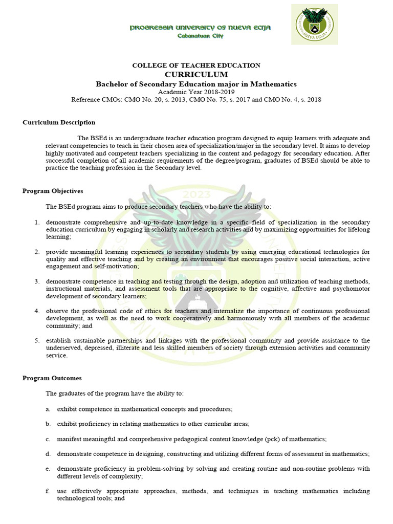 BSEd in Mathematics Curriculum 2018-2019 | PDF | Mathematics | Teachers