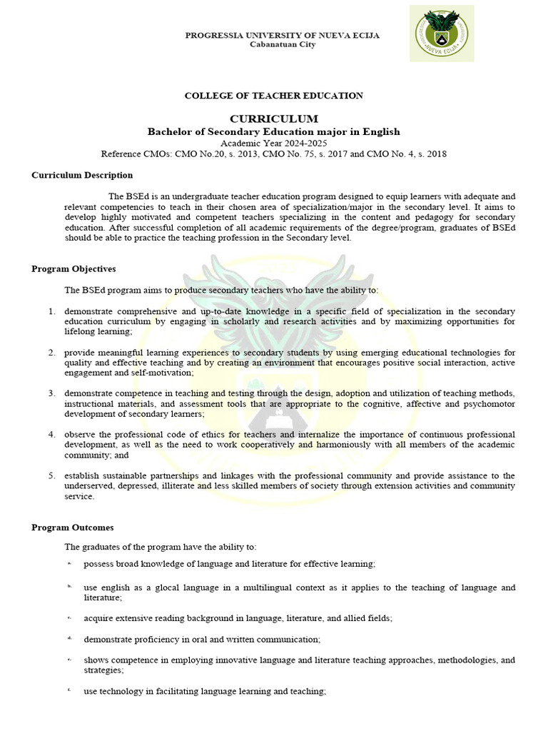 Bachelor of Secondary Education Major in English | PDF | Teachers ...