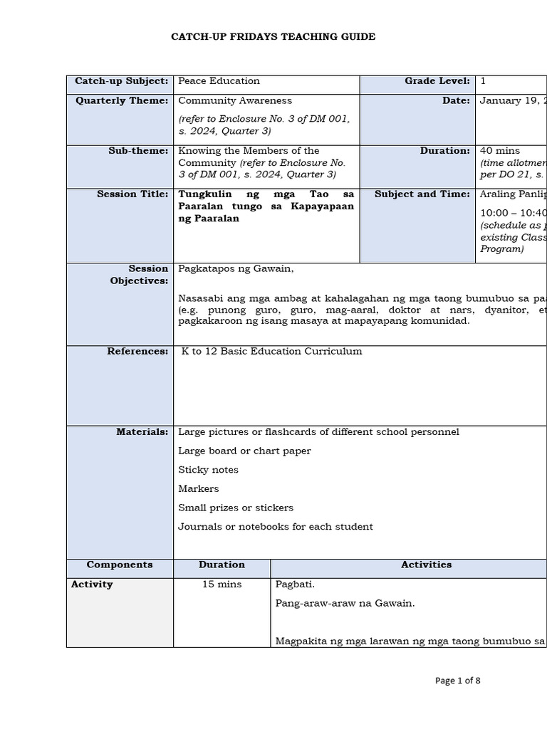 Teaching Guide Catchup AP Peace Ed Grade 1v1 | PDF