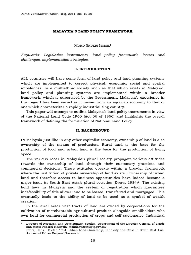 Malaysia's Land Policy Framework | PDF
