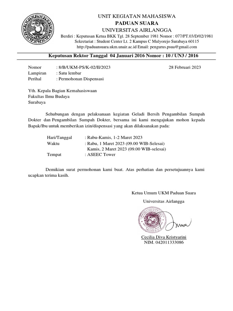 8B_Surat Permohonan Dispensasi_FIB | PDF