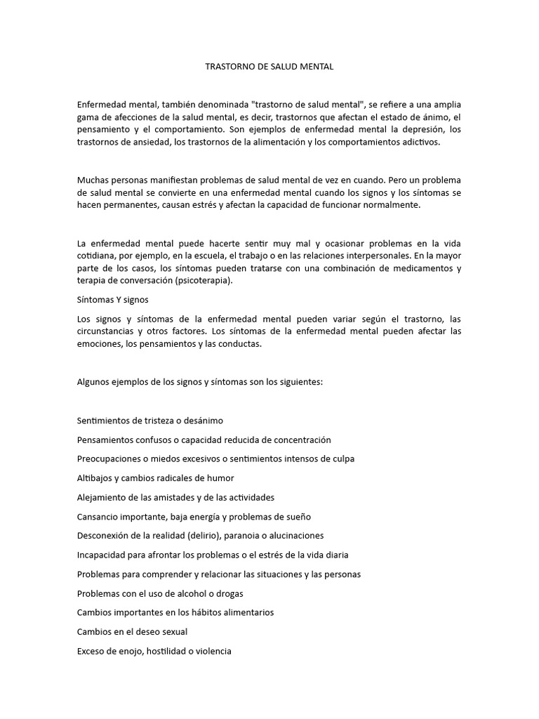 Trastorno De Salud Mental Pdf