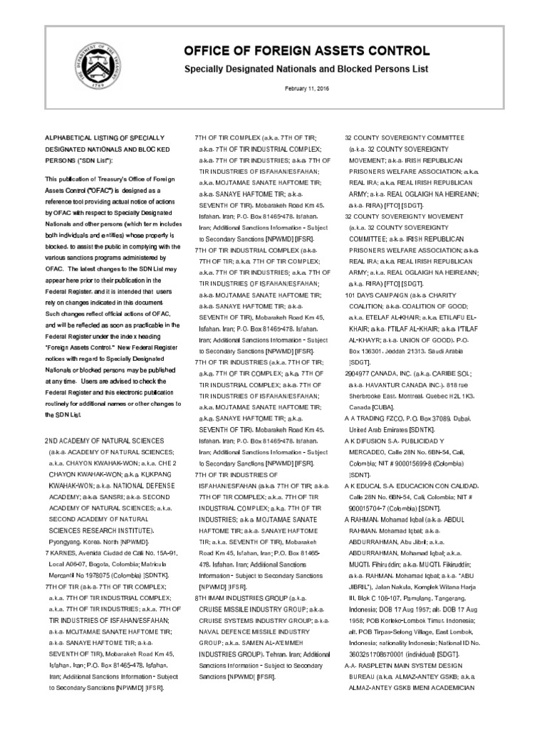 Office of Foreign Assets Control: Specially Designated Nationals and ...
