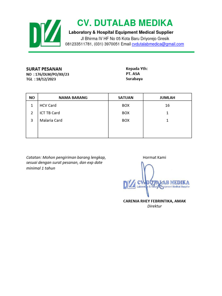 Contoh Pre Order Perusahaan | PDF